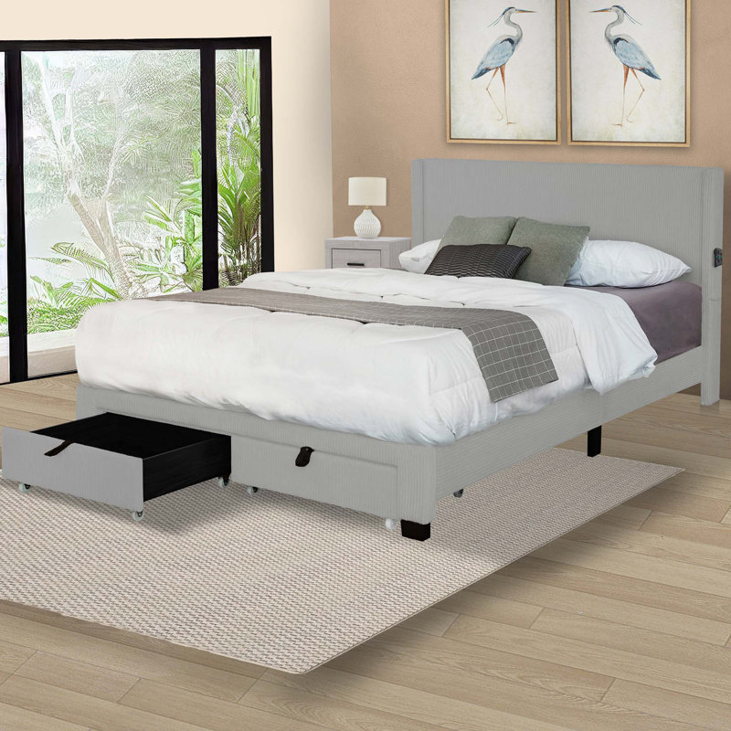 STRIPE VELVET FOOTBOARD DRAWER UPHOLSTERED WINGBACK BED